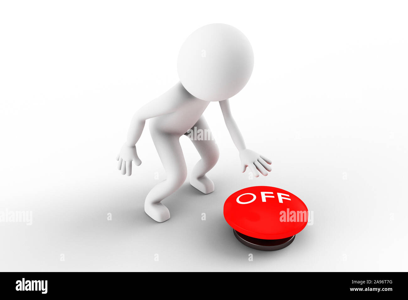 3D Man is about to push red off button against white background. High ...