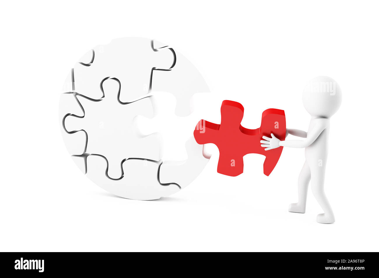 3D Man is finishing a jigsaw puzzle by placing last piece against white ...