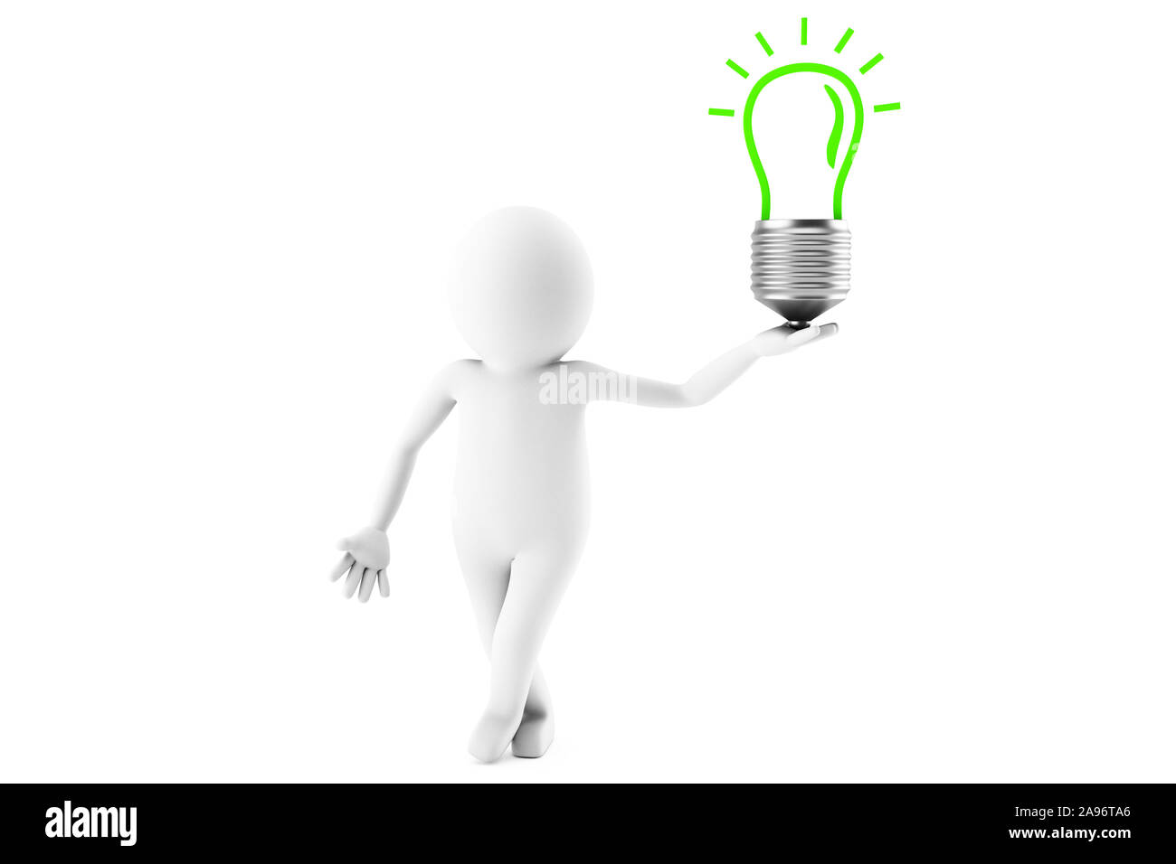 3D Man is showing his solution with a green light bulb against white ...