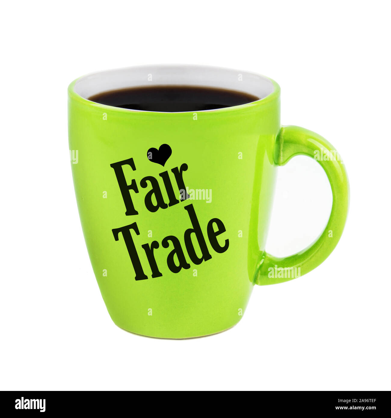 Fair Trade Coffee Mug and white background Stock Photo - Alamy