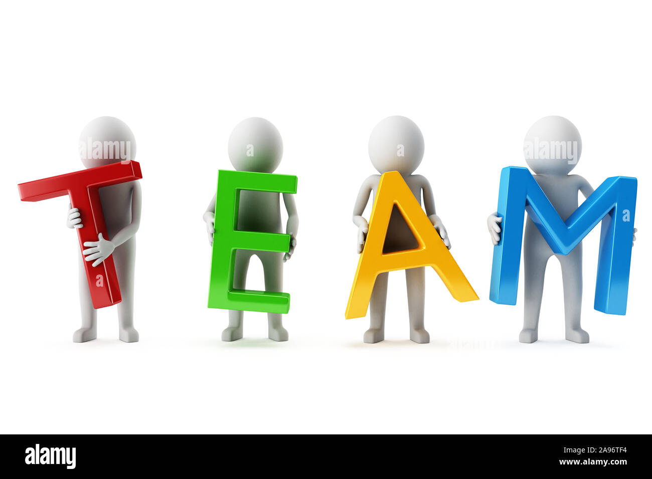 Four 3D Men are holding letters for title TEAM on a white background ...