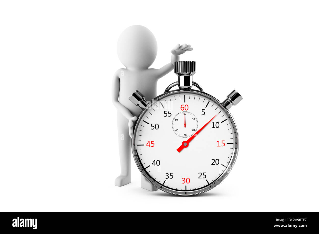 3D Man issShowing time with a stopwatch on a white background. High ...