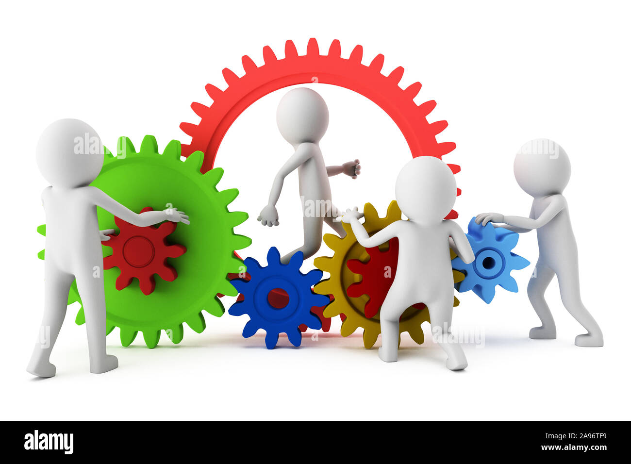3D men are working with gears to start a business on a white background ...