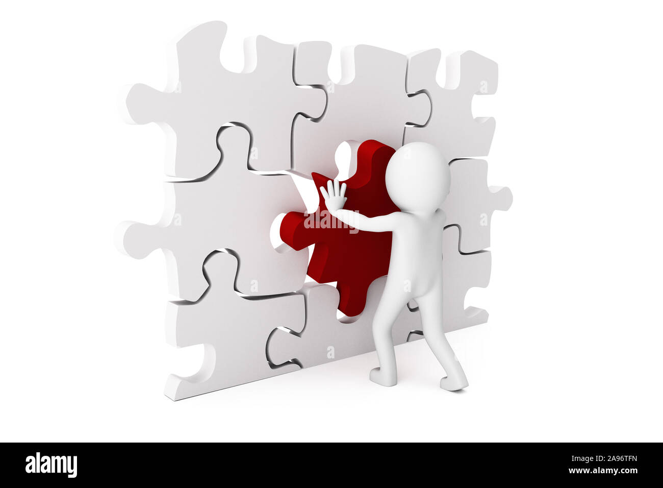 3D Man is solving a problem by putting last piece of puzzle on a white ...