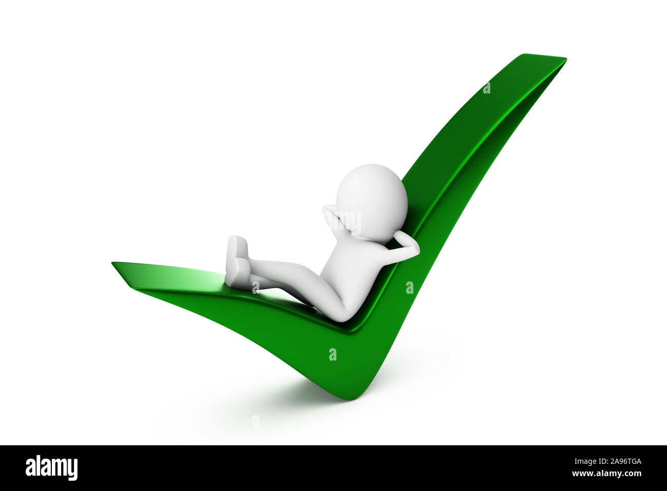 3D Man is feeling good andlLaying on a check mark on a white background ...