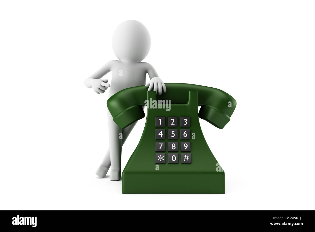 3D Man is posing with a green telephone on a white background. High ...