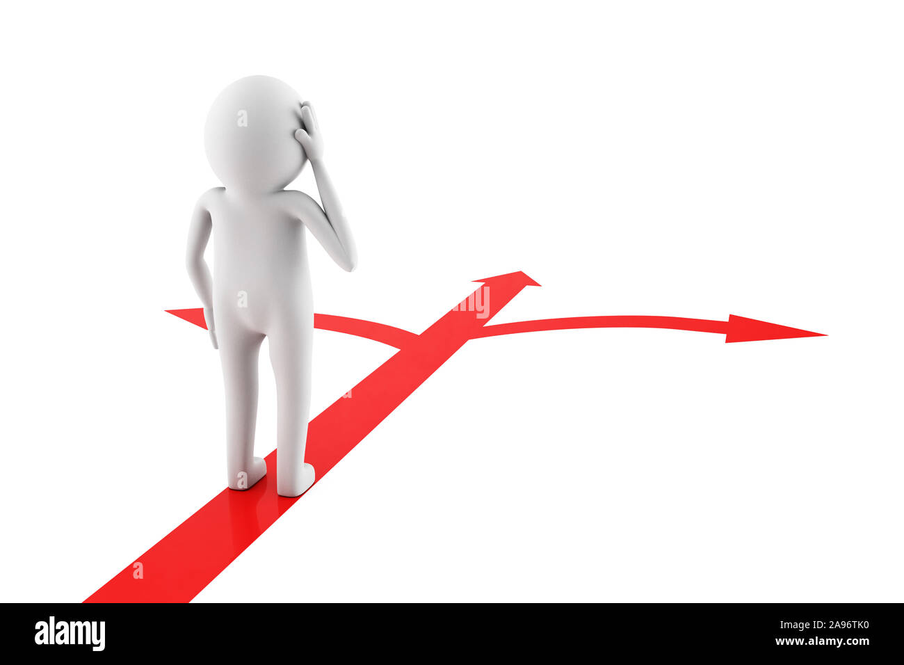 3D Man is trying to decide which way to go on a white background. High ...