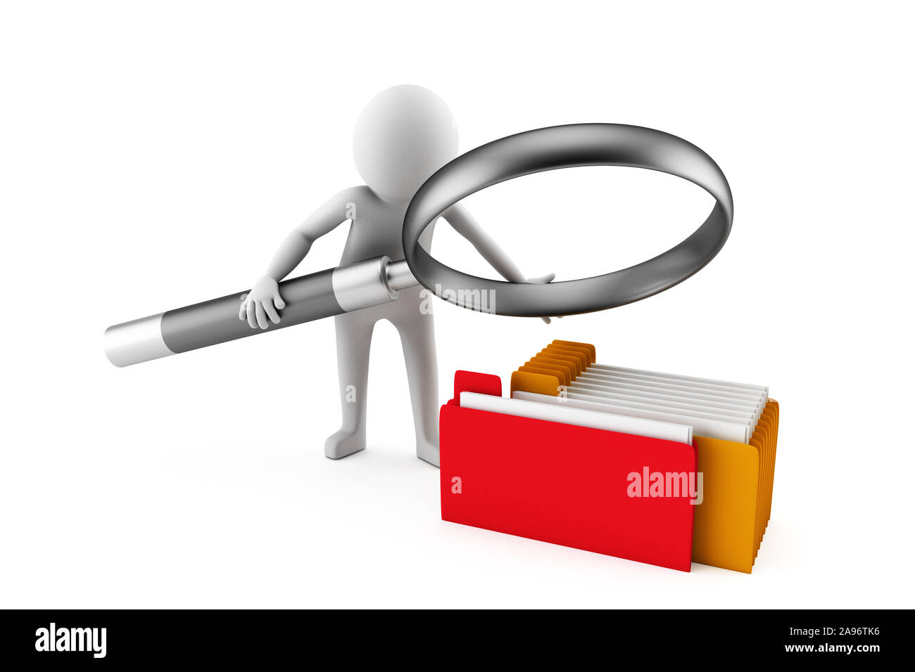 3D Man is checking file folder with a magnifiying glass on a white ...
