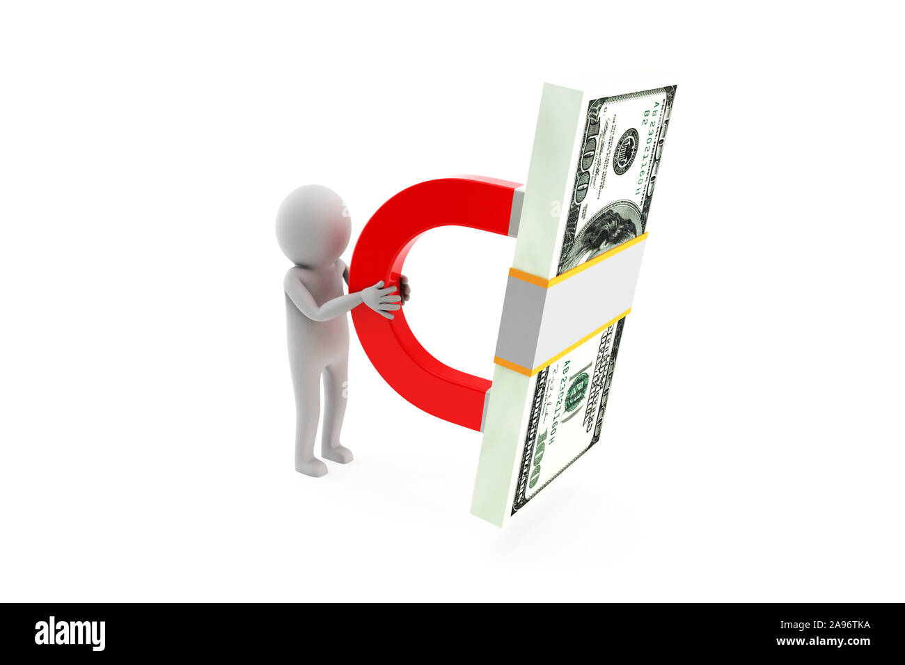 3D Man is pulling paper Dollar bills with red magnet on a white ...