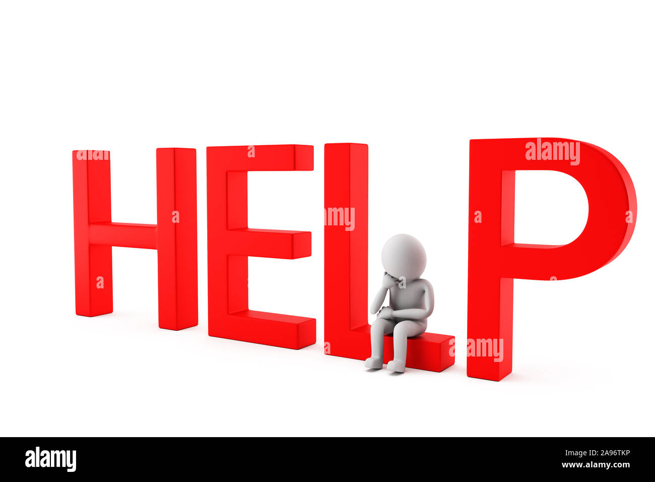 3D Man is Sitting on a help title and Waiting for assistance on a white ...