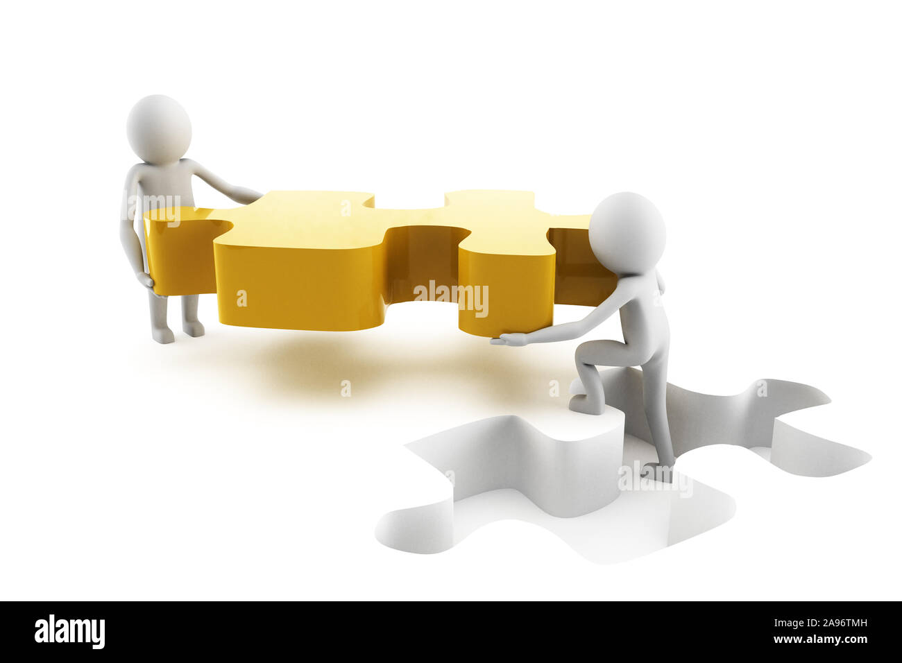 3D Men are solving a problem by putting last piece of puzzle on a white ...