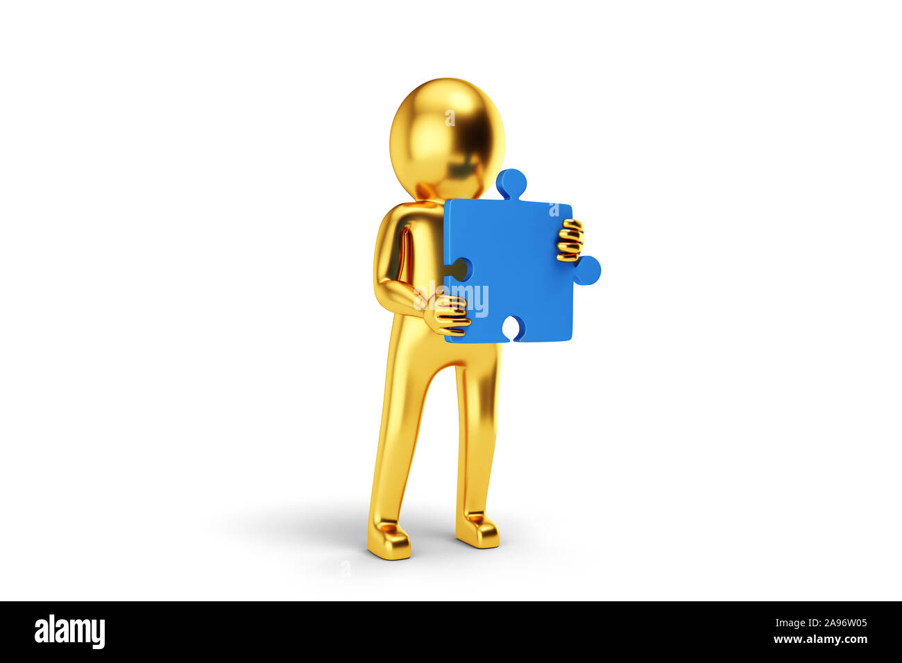 Golden 3D Man is holding a puzzle against white background. 3D ...