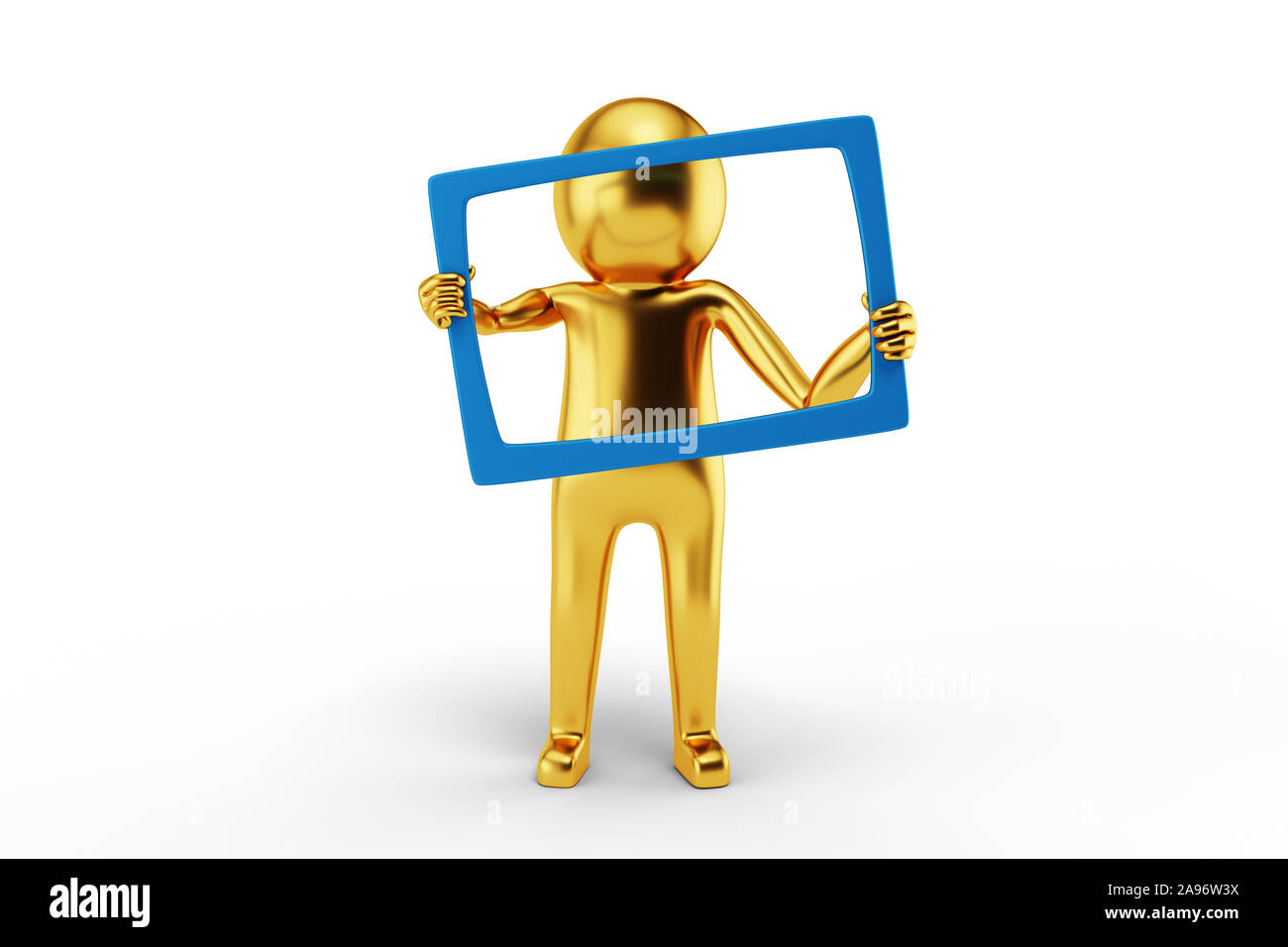 Golden 3D Man is holding a frame against white background. 3D rendering ...