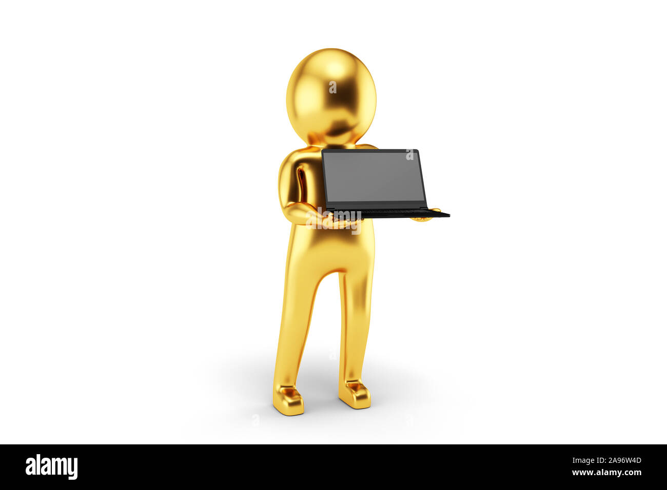 Golden 3D Man is holding a laptop against white background. 3D ...