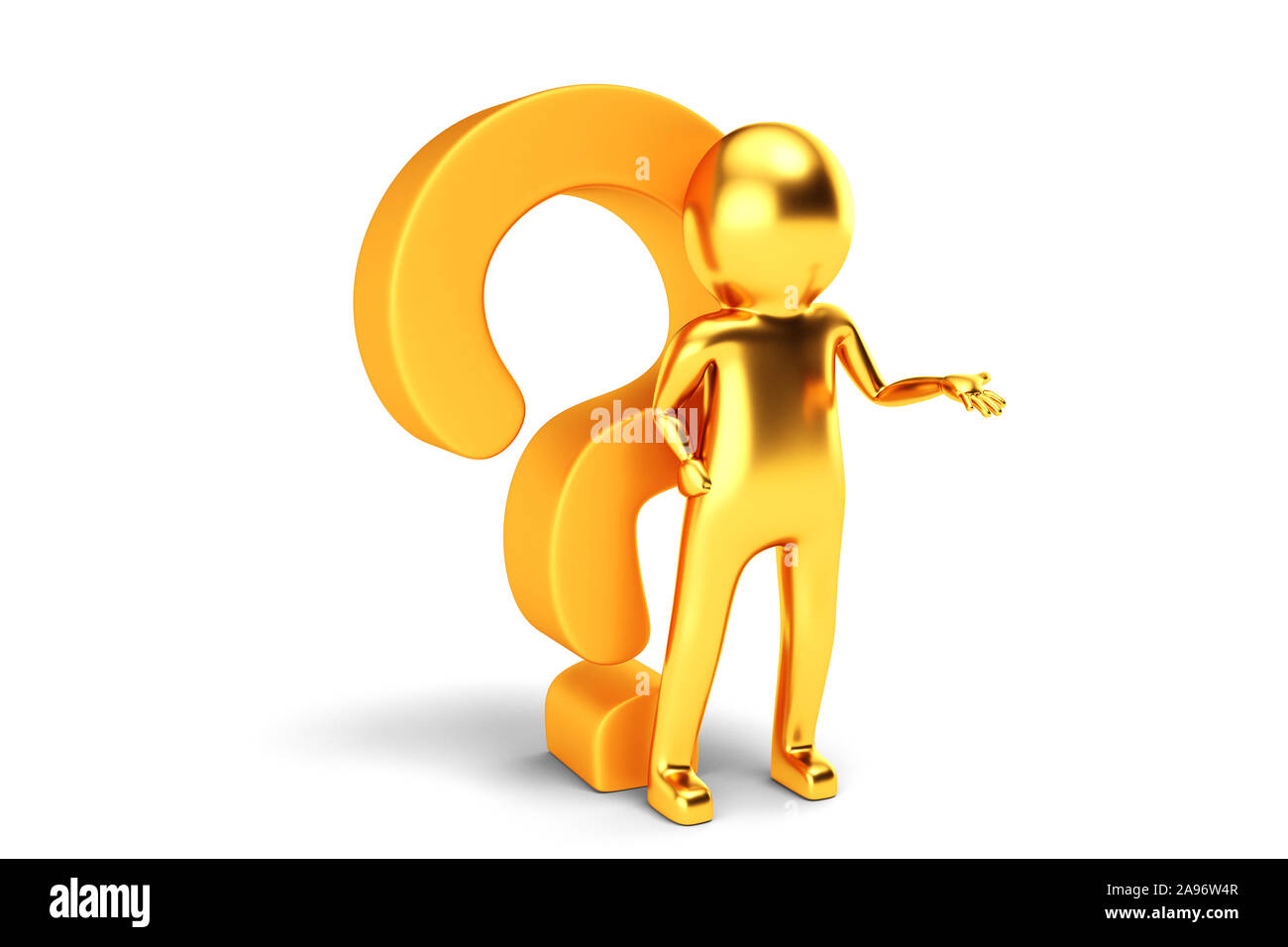 Golden 3D Man is posing with a question mark sign against white ...