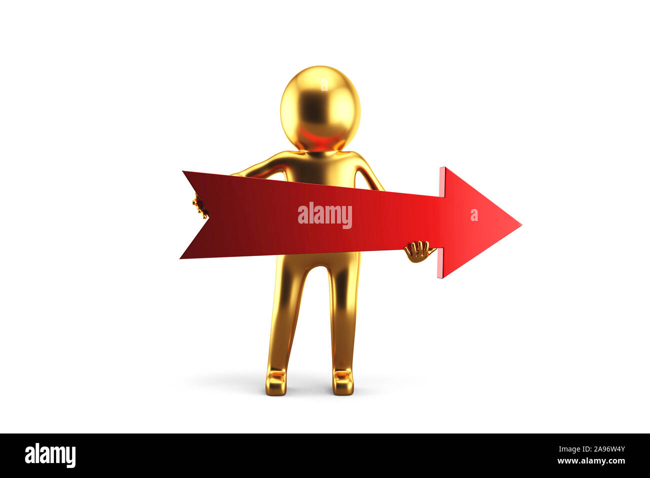 Golden 3D Man is holding arrow sign against white background. 3D ...