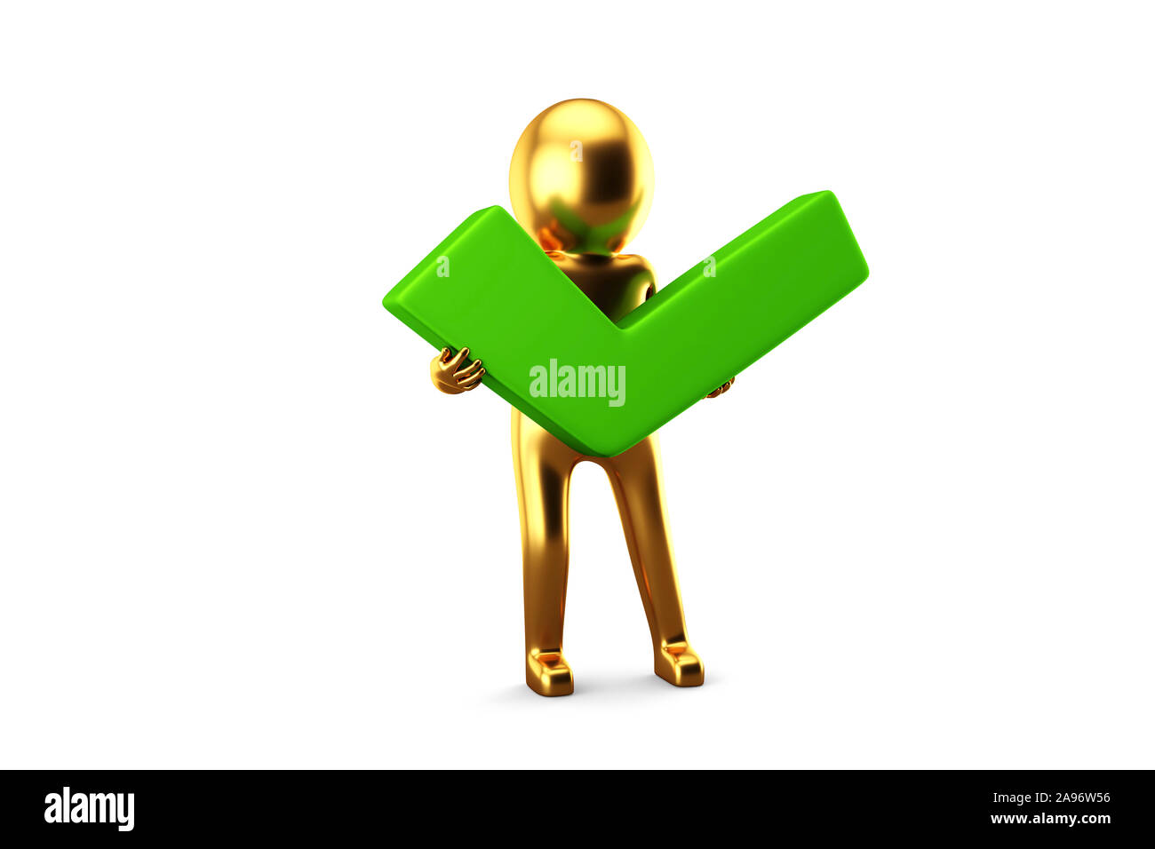 Golden 3D Man is holding check sign against white background. 3D ...