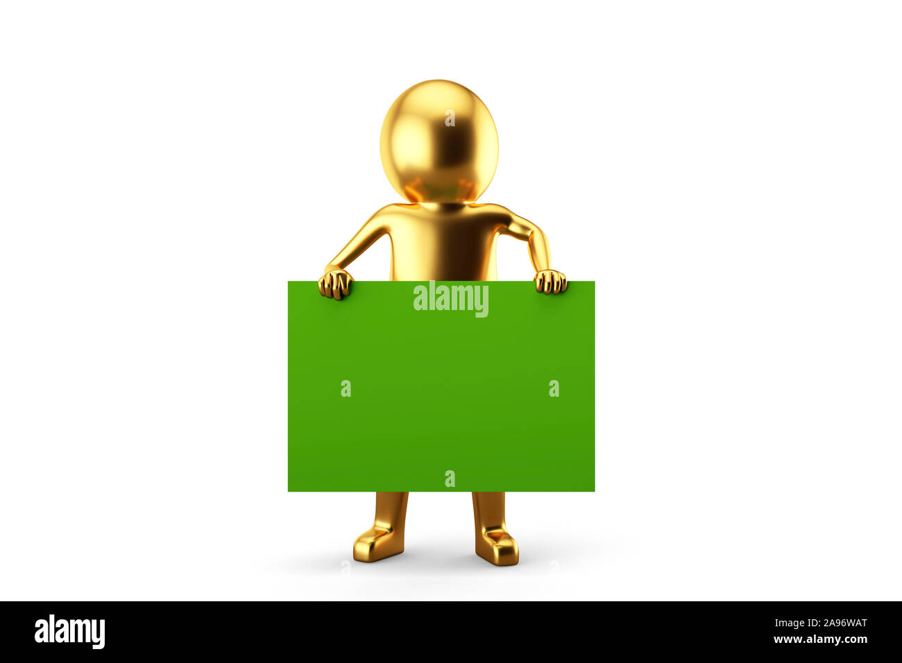 Golden 3D Man is holding s green card against white background. 3D ...