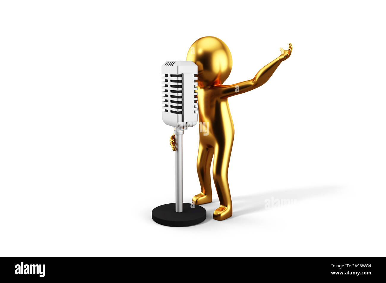 Golden 3D Man is singing to an old microphone against white background ...