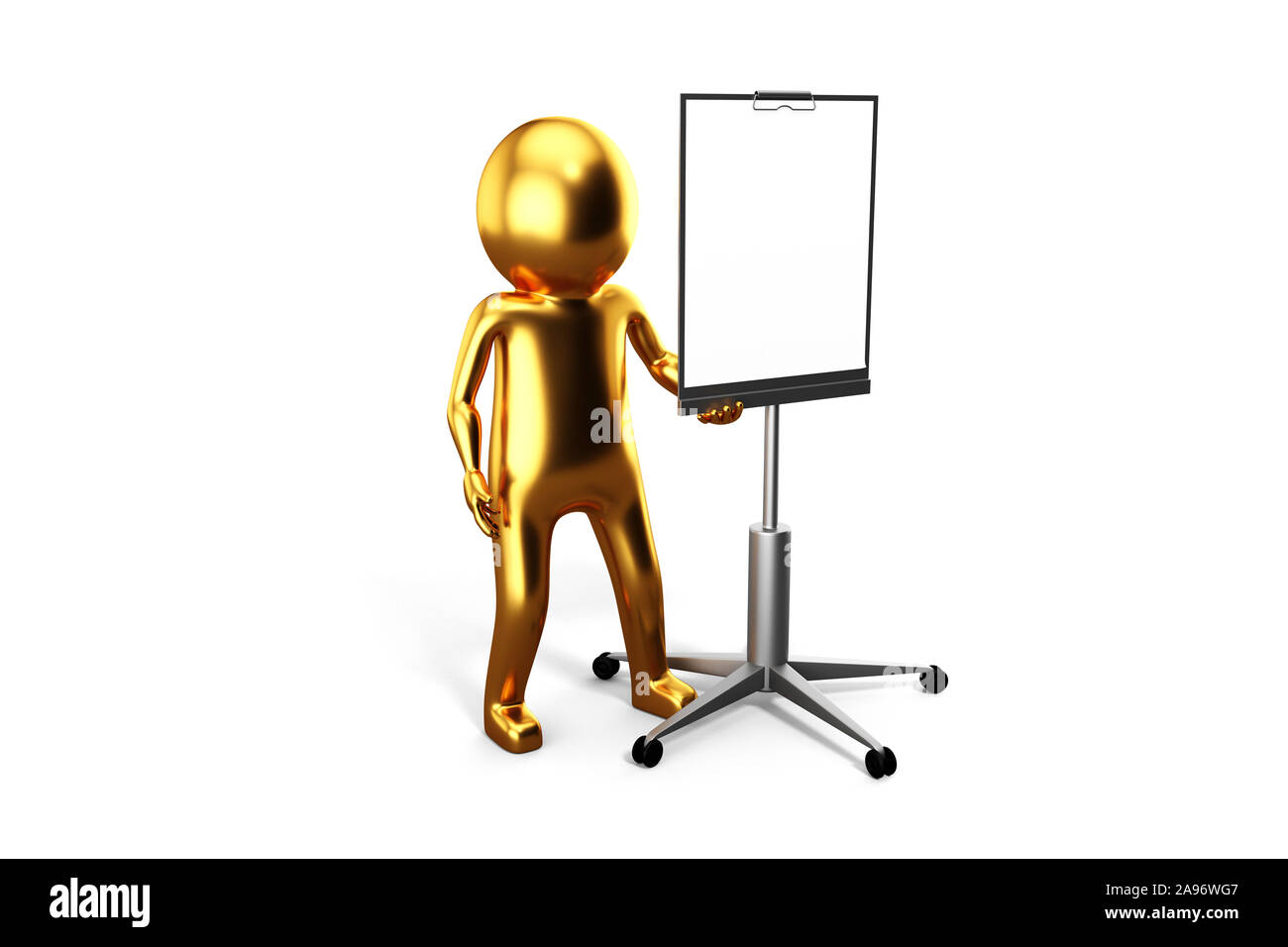 Golden 3D Man is presenting in front of an empty board against white ...