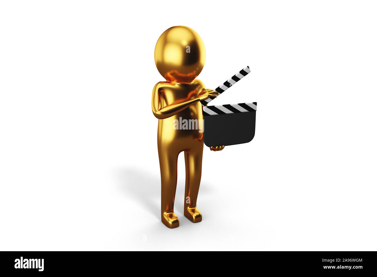 3D Golden Man is holding clapperboard against white background. 3D ...