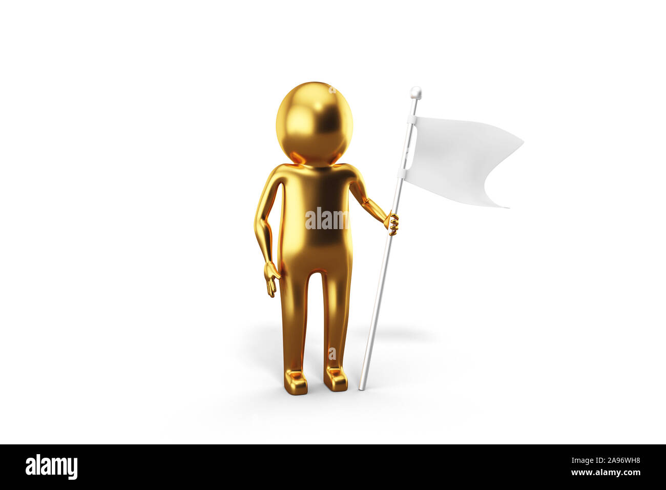 3D Golden Man is holding a white surrender flag against white ...