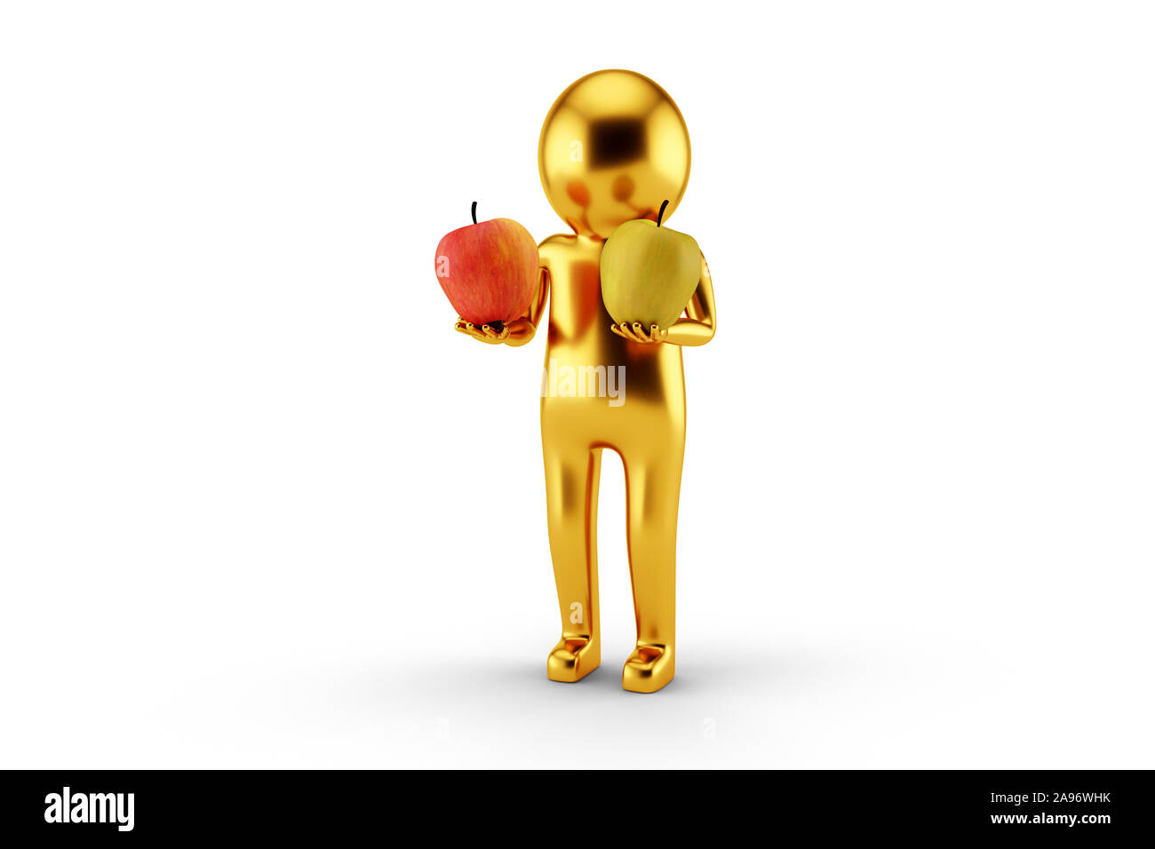 3D Golden Man is holding two apples against white background. 3D ...