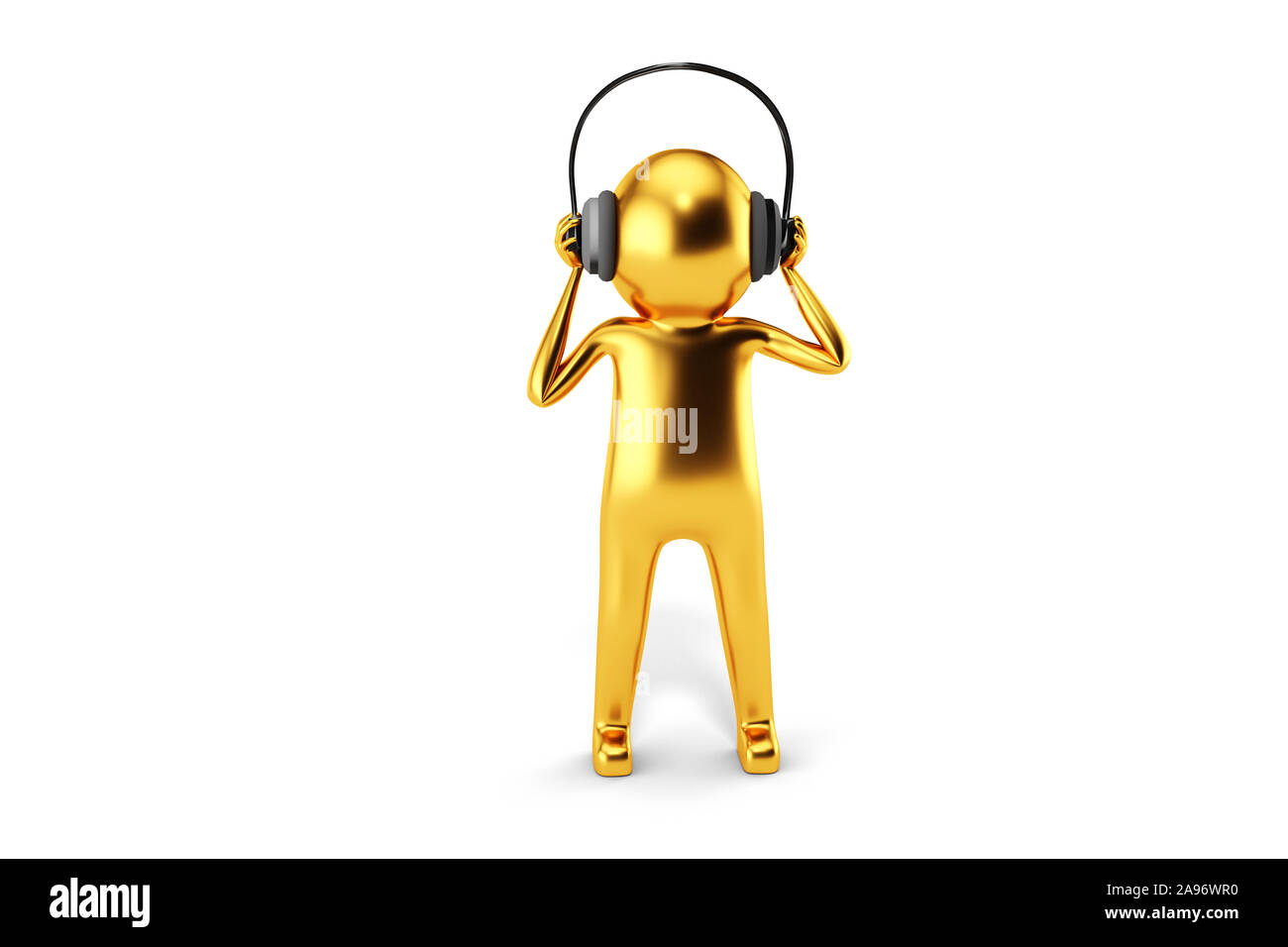 3D Golden Man is listening music from headphones against white ...