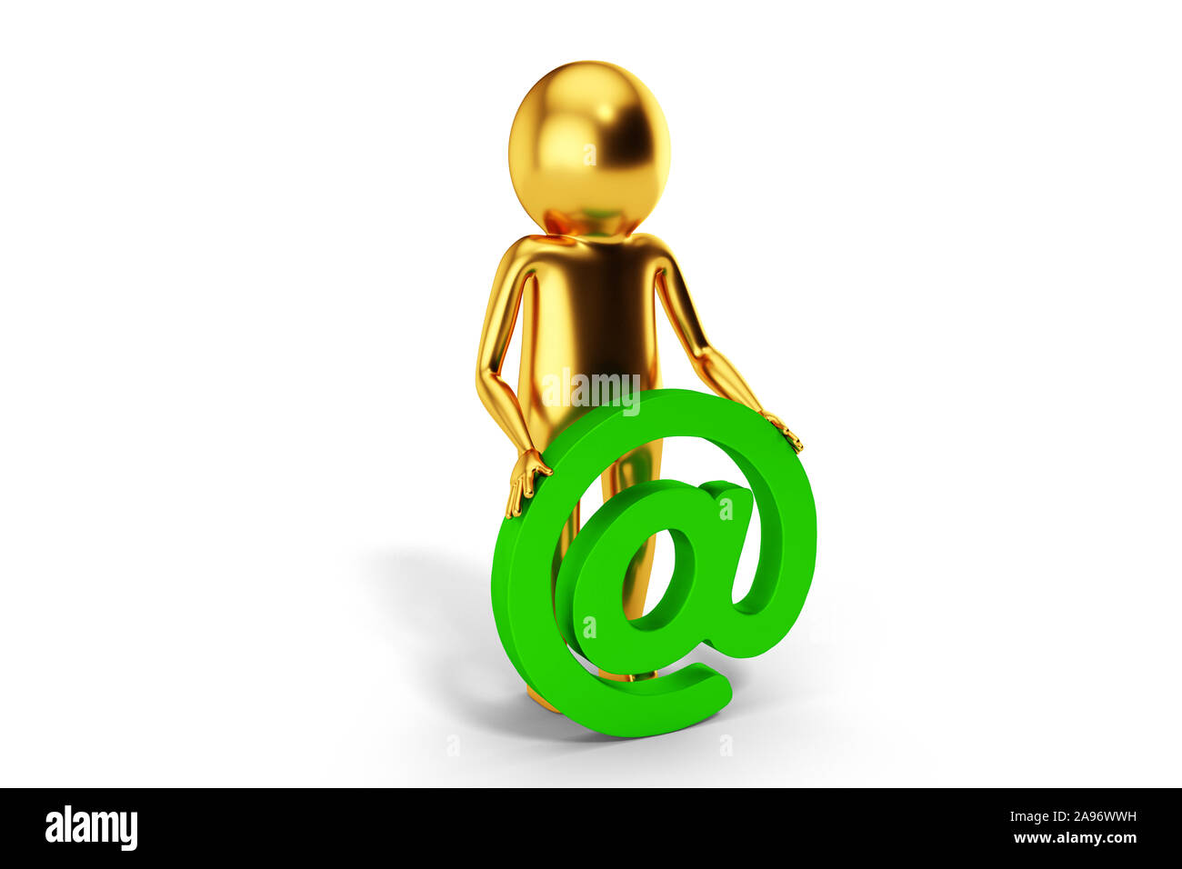 3D Golden Man is holding a green at sign against white background. 3D ...