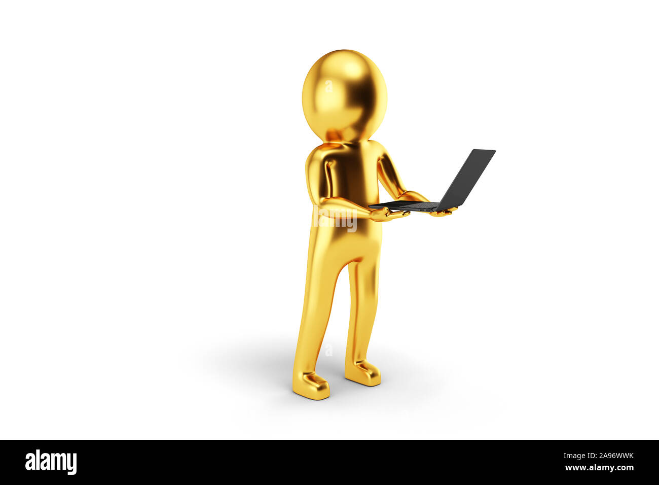 3D Golden Man is holding a laptop against white background. 3D ...