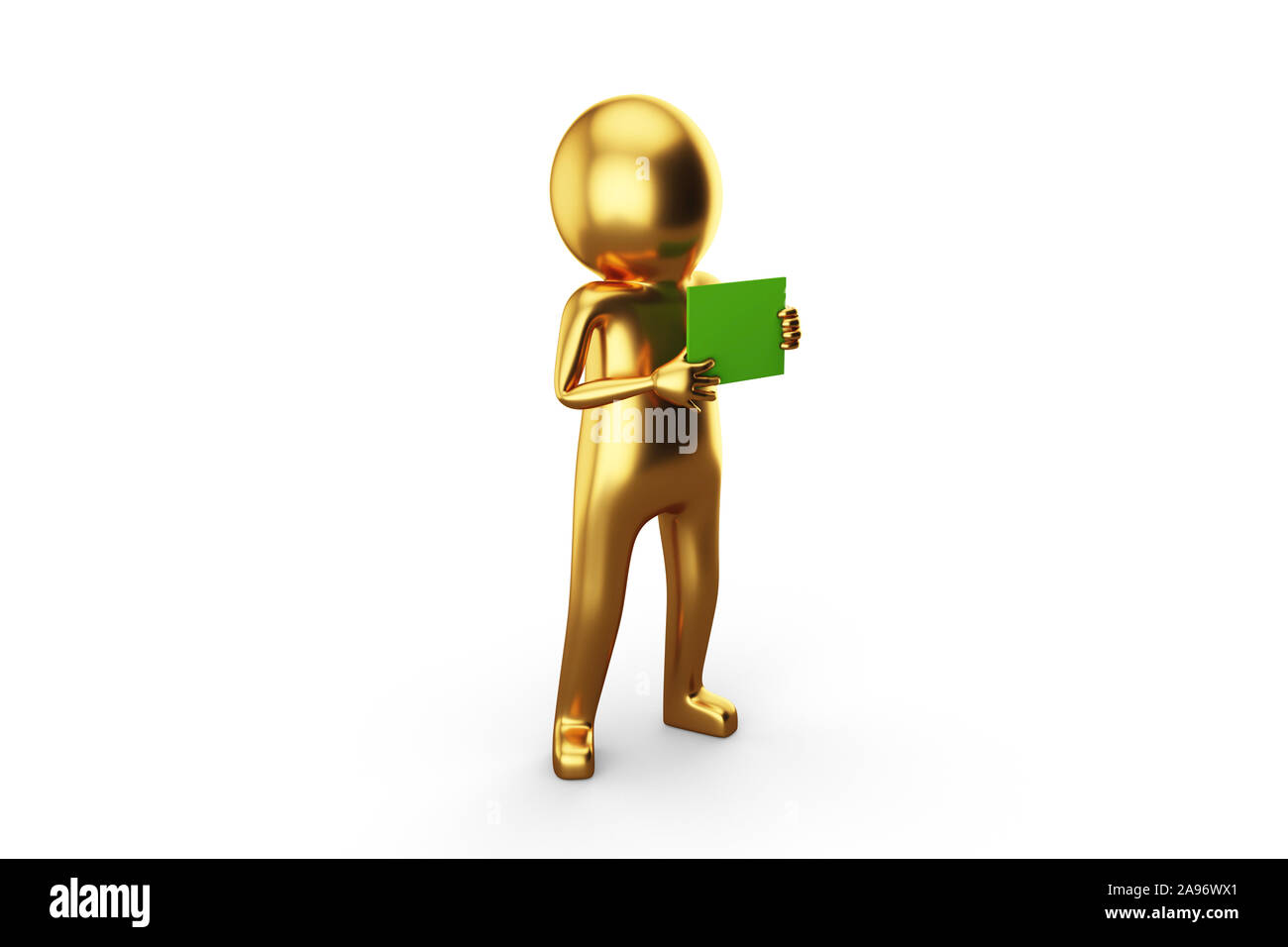 3D Golden Man is holding a small green card against white background ...