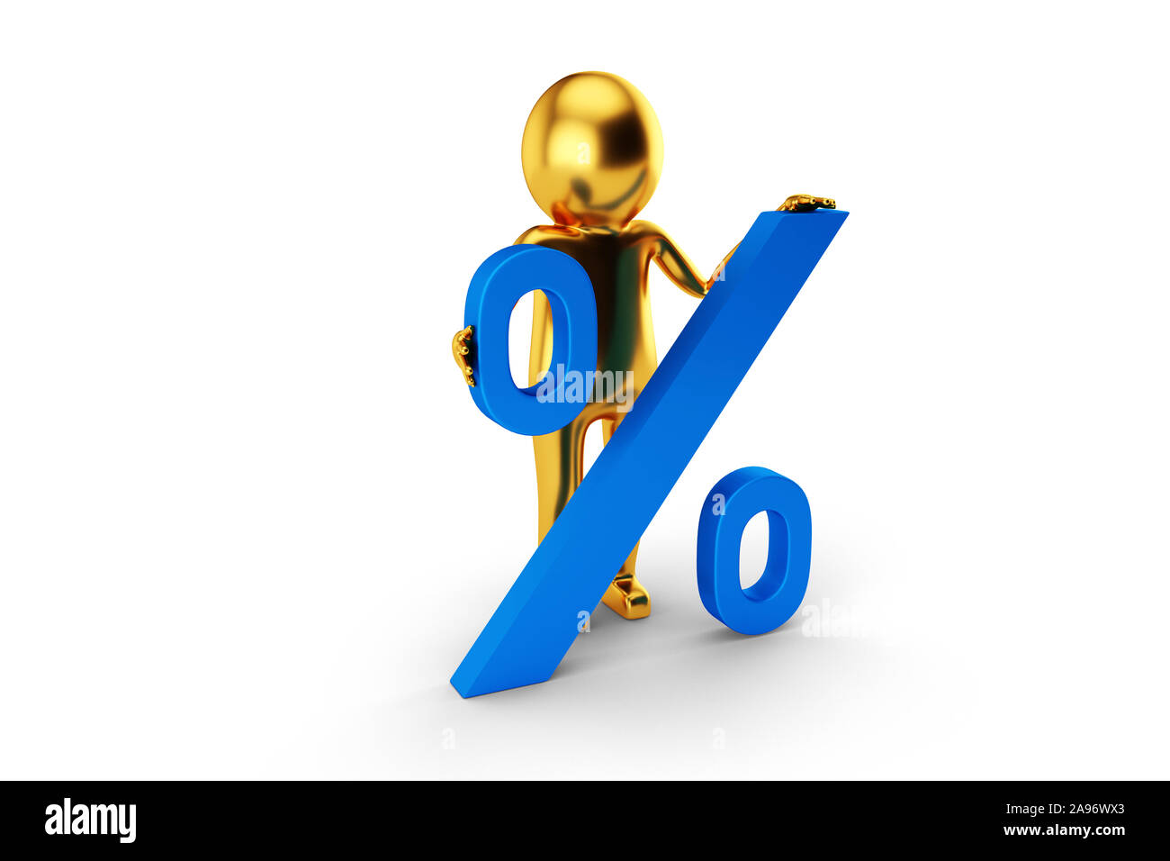 3D Golden Man is holding a blue percentage sign against white ...