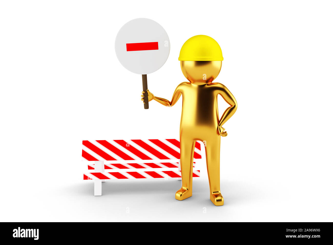 3D Golden Man is a road worker and holding a do not enter sign with ...