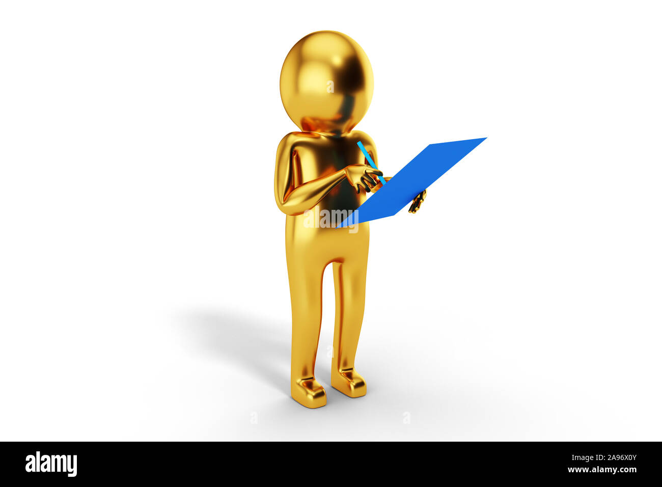 3D Golden Man is taking notes on a report against white background. 3D ...