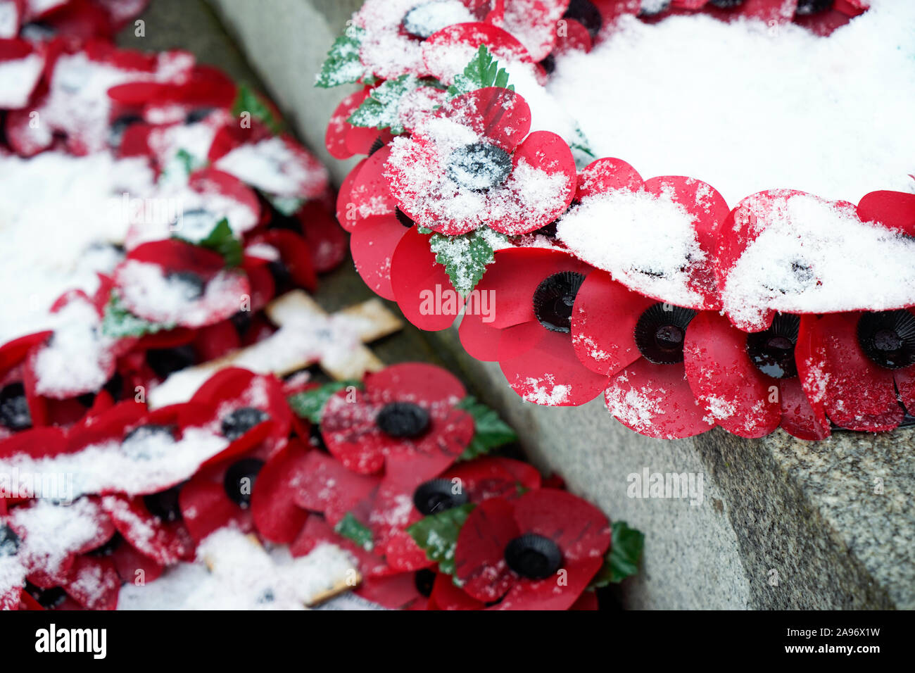 Snow covered poppy wreaths Stock Photo - Alamy