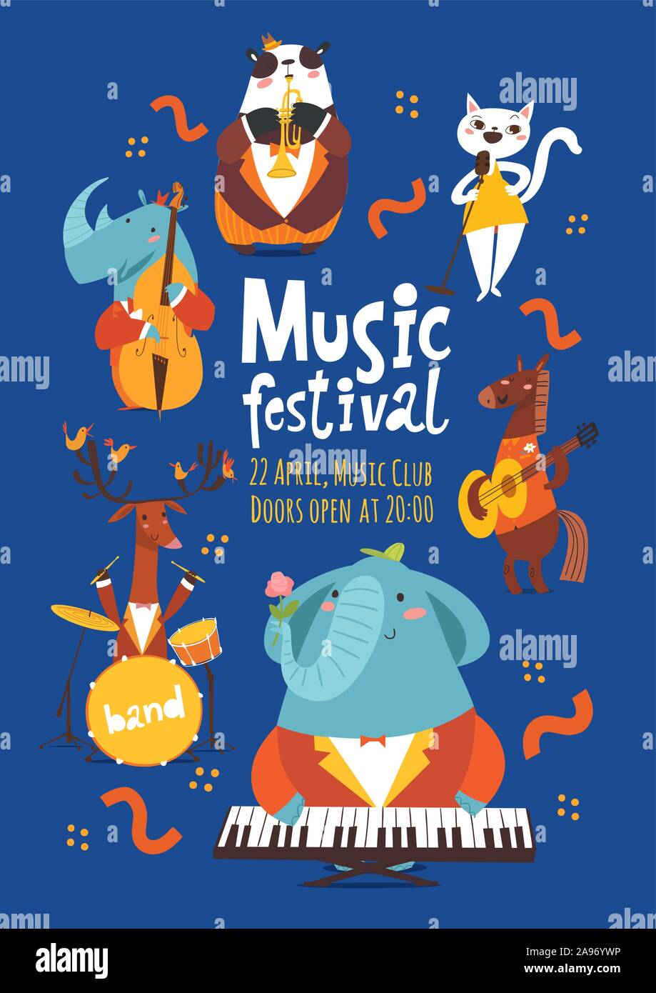 Vector music festival poster design with cartoon animals playing music ...