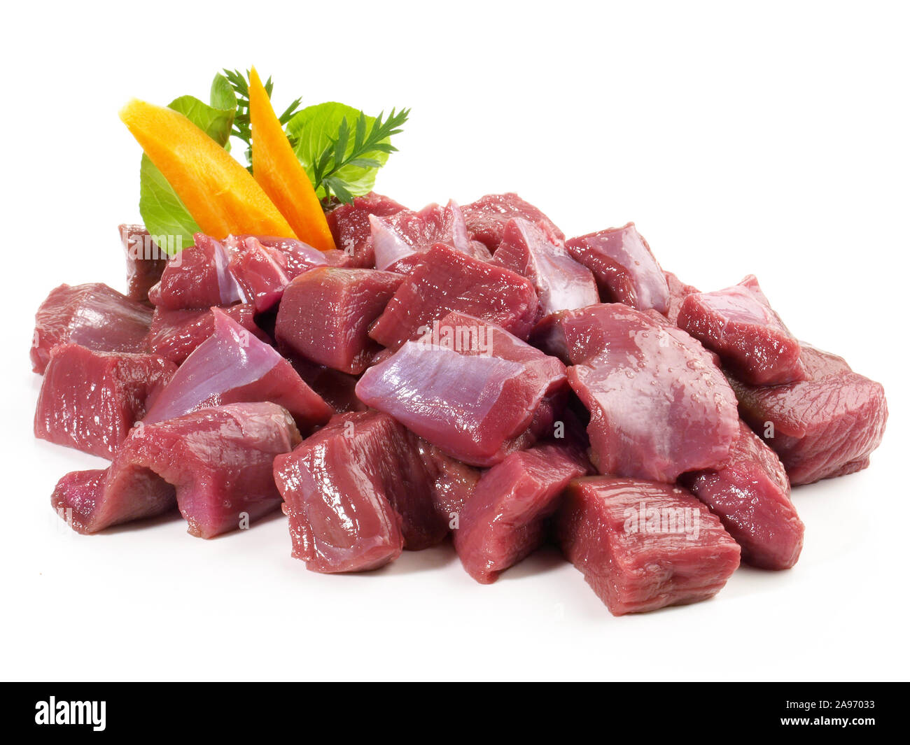 Roe Deer Ragout - Wild Game Meat on white Background Stock Photo - Alamy