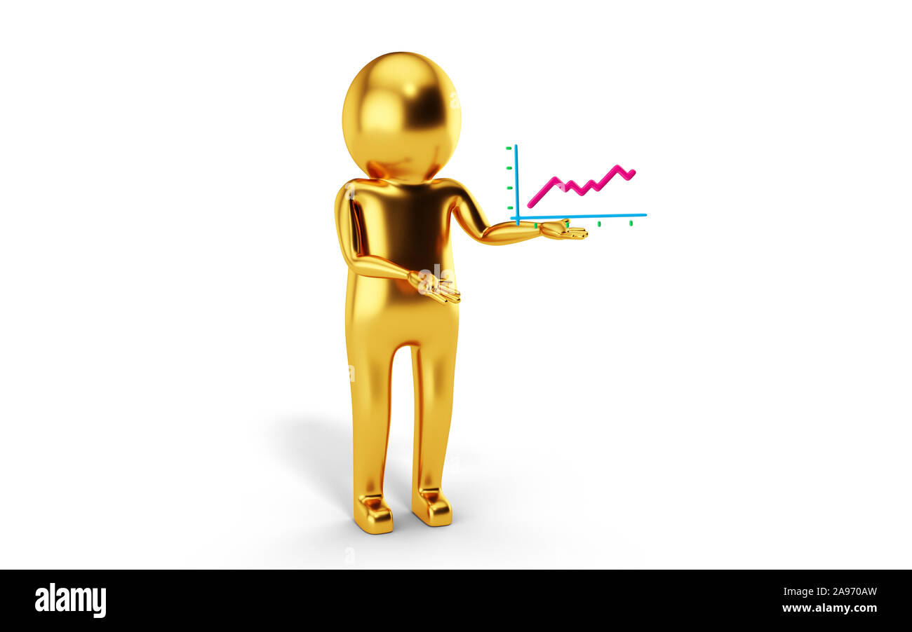 3D Man is holding financial stock market chart against white background ...