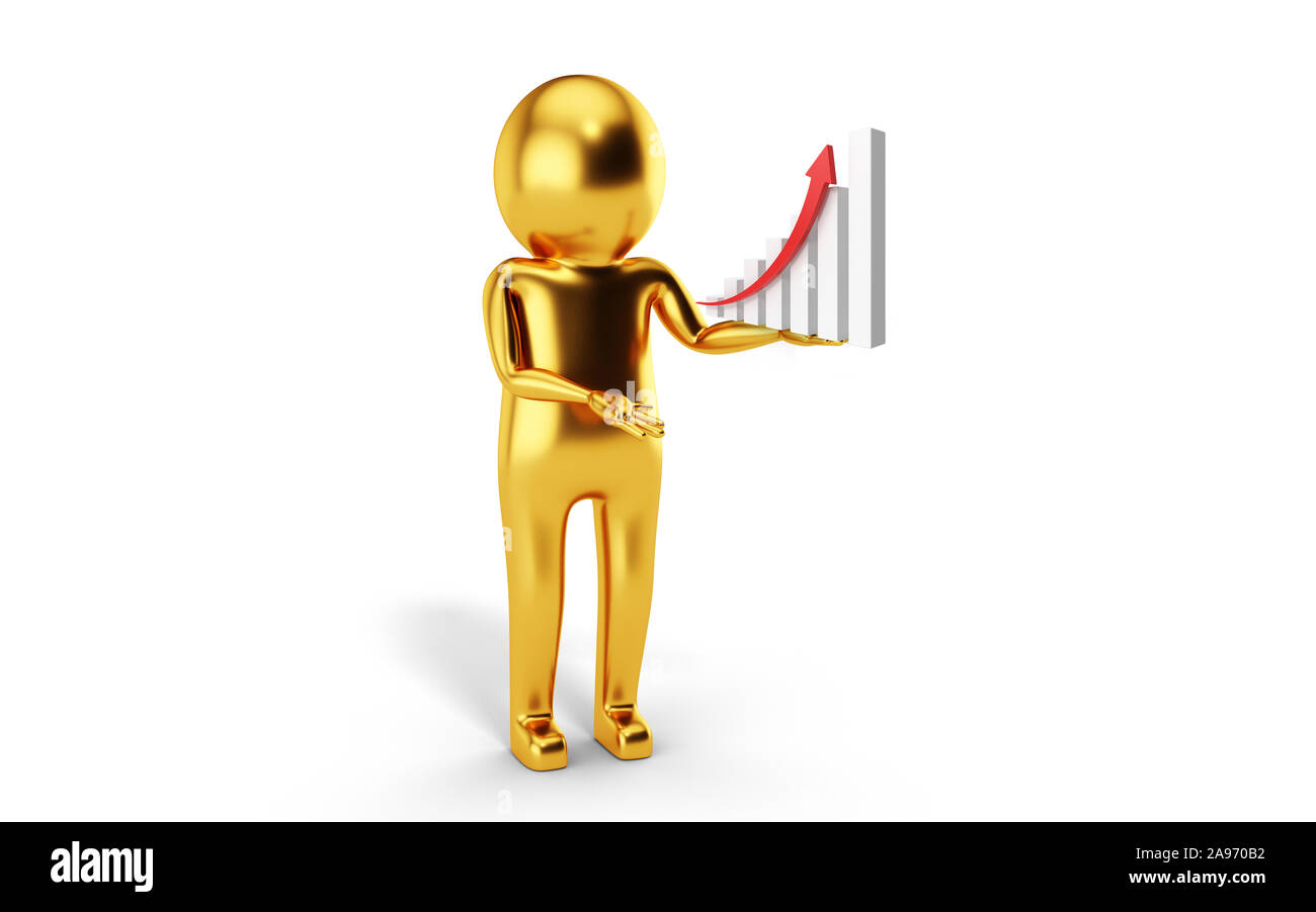 3D Man is holding financial stock market chart against white background ...