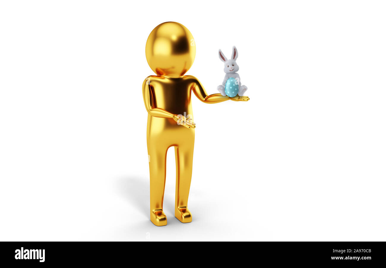 3D Man is holding Easter egg and easter bunny against white background ...