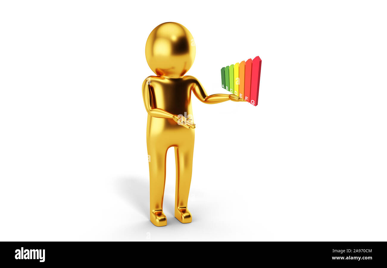 3D Man is holding energy efficiency chart against white background. 3D ...