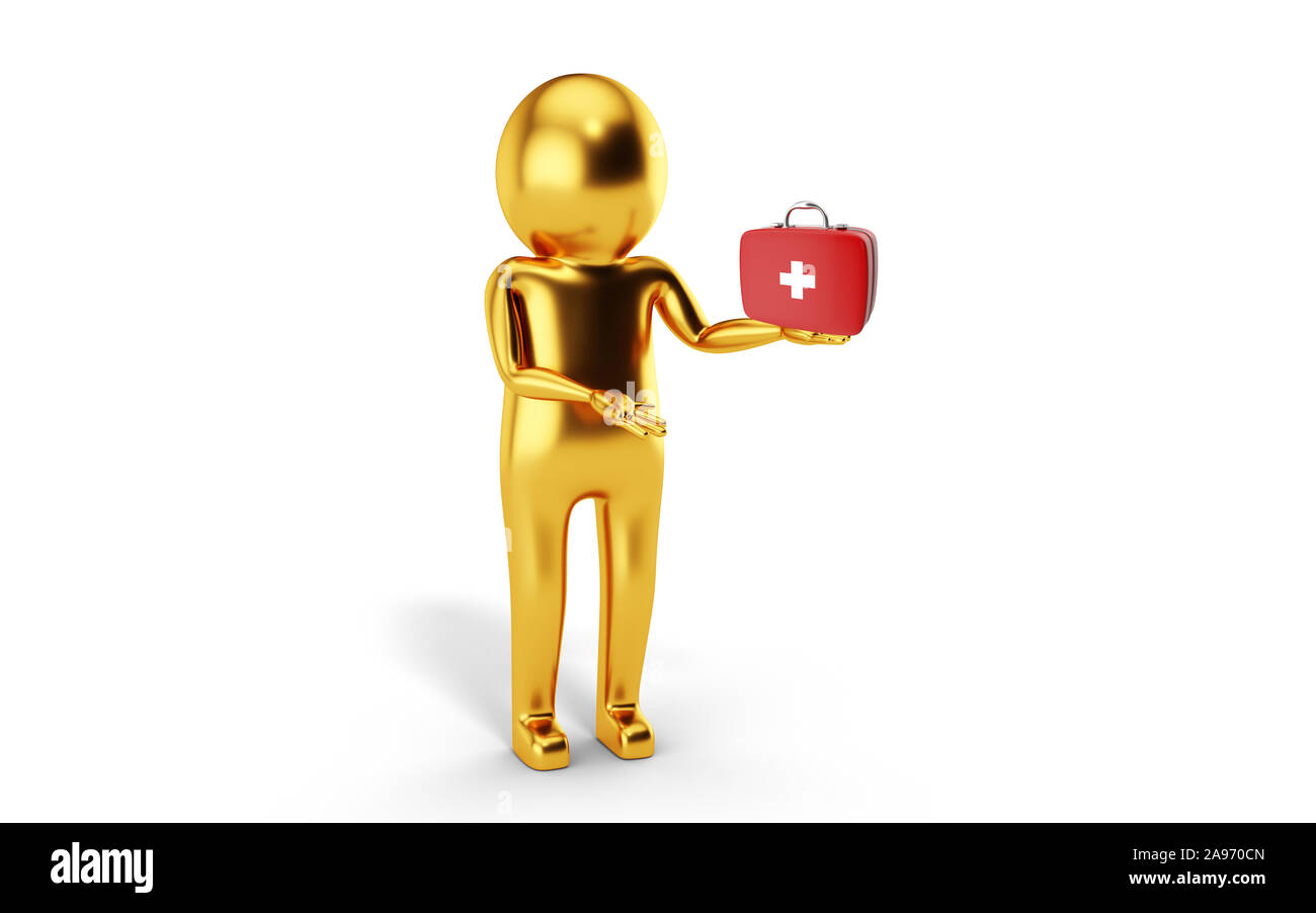 3D Man is holding a first aid kit bag against white background. 3D ...