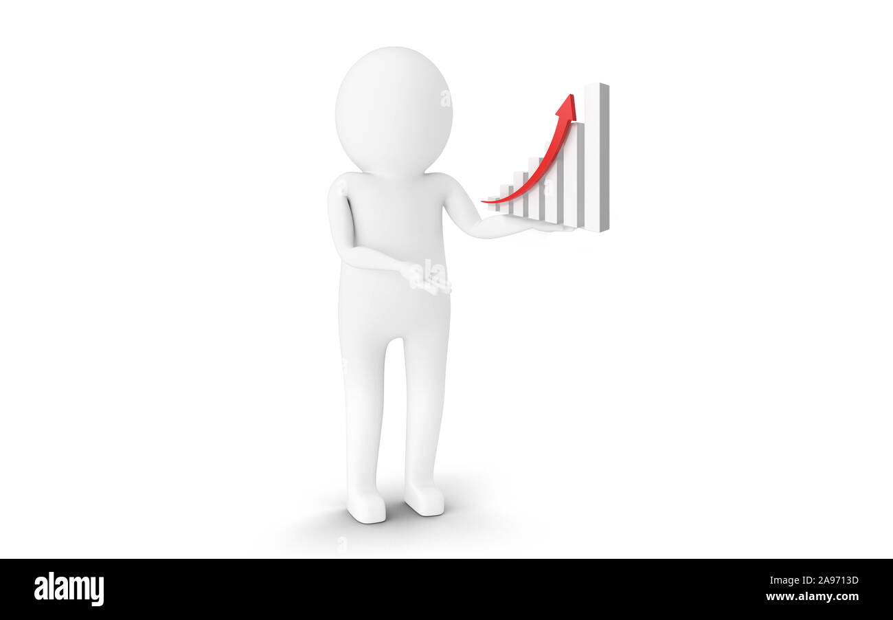 3D Man is holding financial stock market chart against white background ...