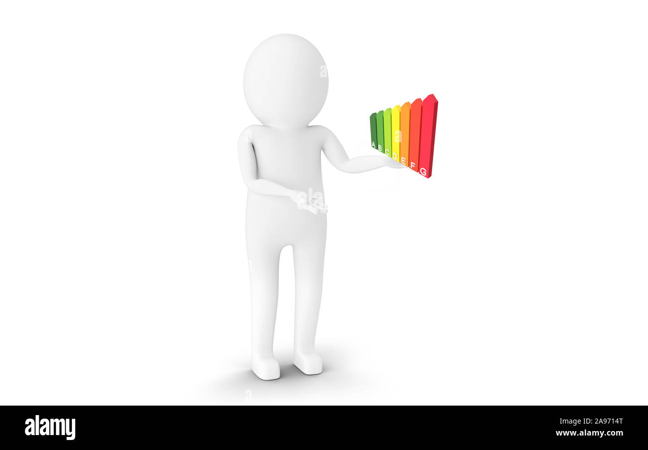 3D Man is holding energy efficiency chart against white background. 3D ...