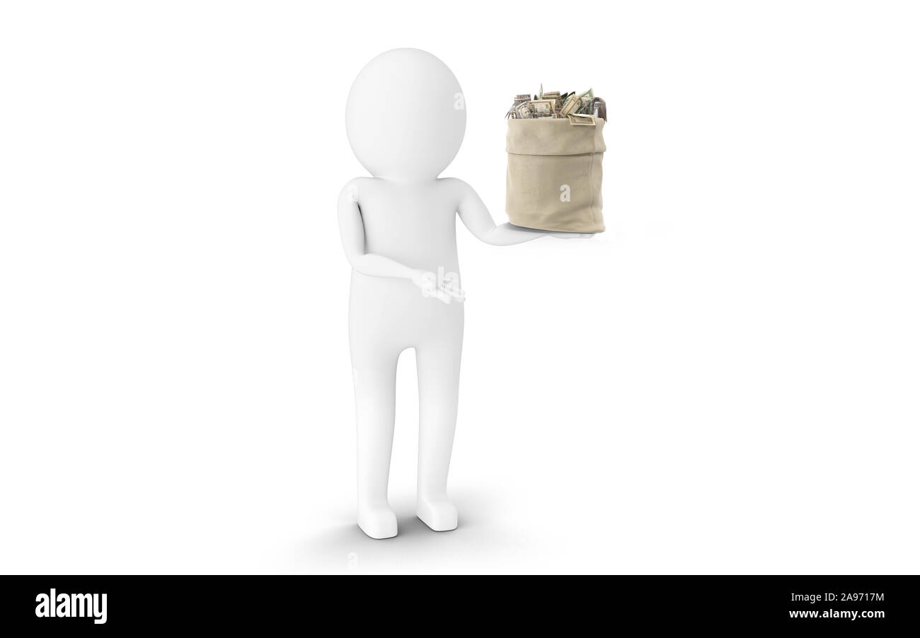 3D Man is holding a money bag filled with paper us dollars against ...