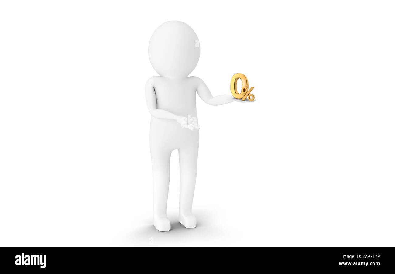 3D Man is holding a percentage symbol against white background. 3D ...