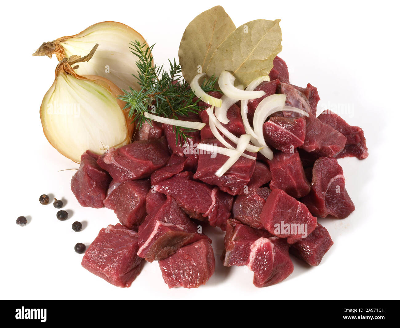 Wild Boar Ragout - Wild Game Meat on white Background Stock Photo - Alamy
