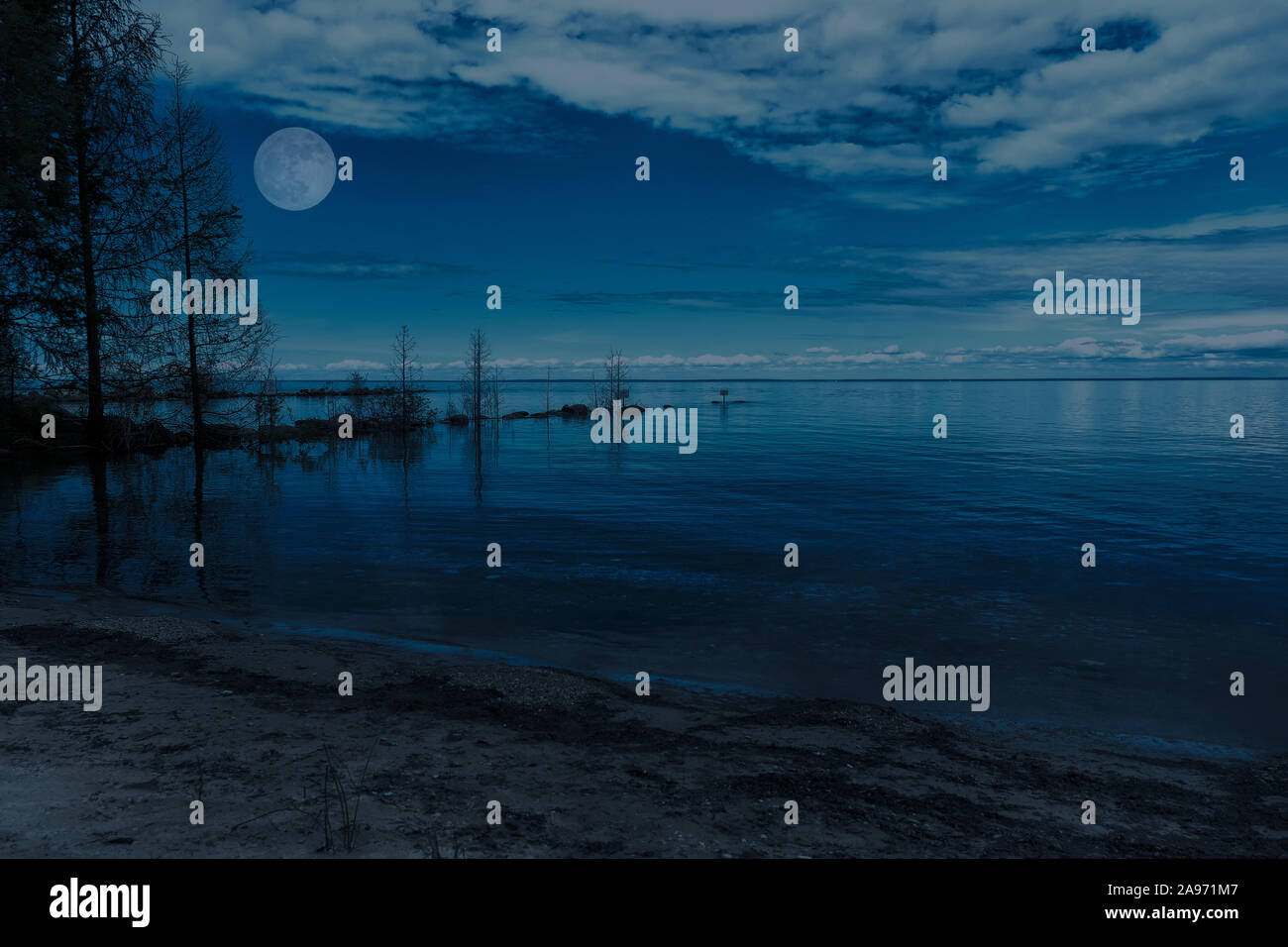 Canada, Ontario, Collingwood, Council Lake at night, the moon is ...