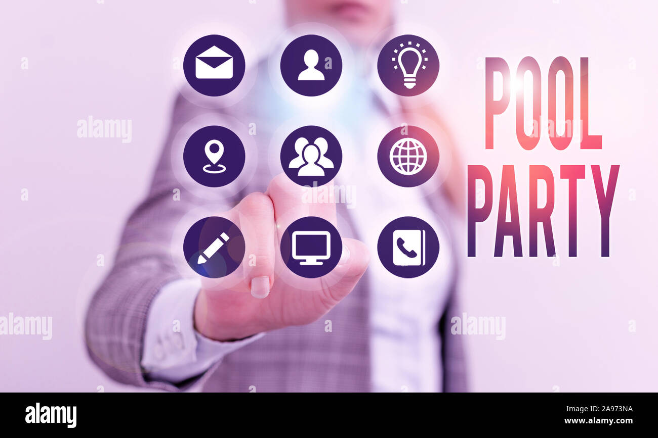 Writing note showing Pool Party. Business concept for celebration that ...