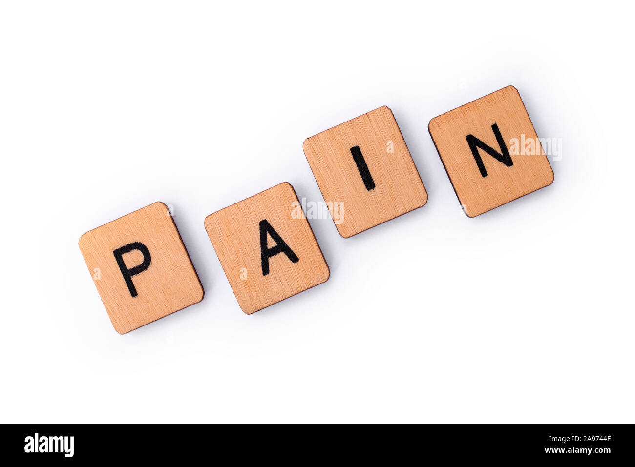 The word PAIN, spelt with wooden letter tiles, over a plain white ...